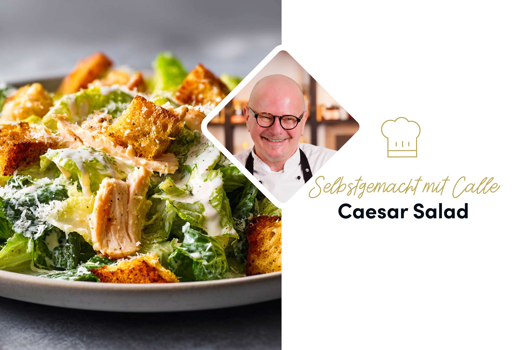 Der klassische Caesar Salad mit Hähnchen: verfeinert mit frisch gerieb ...